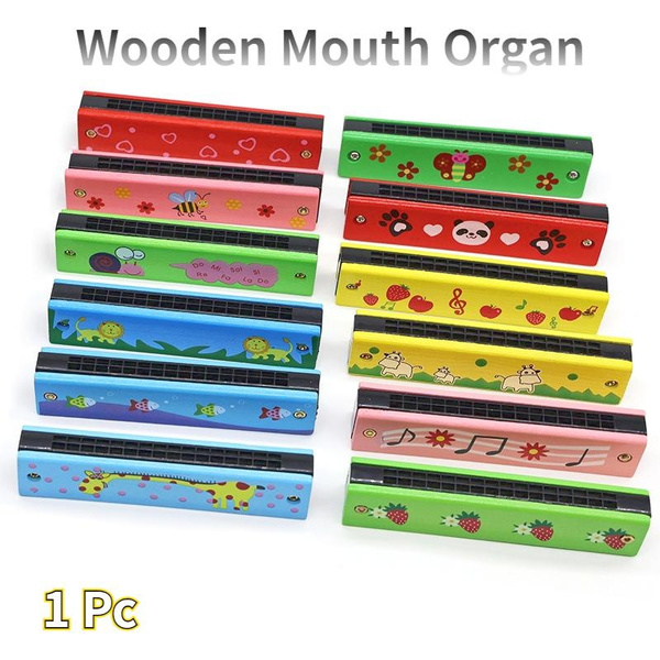 Children Harmonica Wooden Double Row Blowable Harmonica Cute Cartoon ...