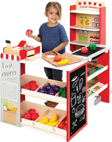 Pretend Play Grocery Store Wooden Supermarket Toy Set for Kids w/Play ...