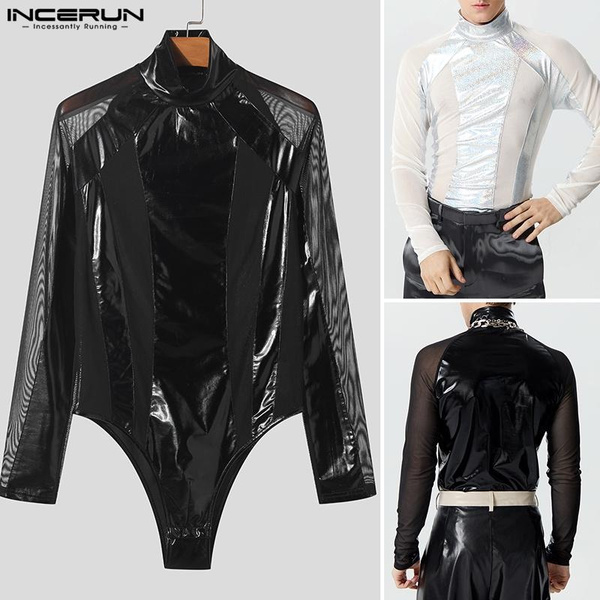 2 Colors INCERUN Men Half High Neck Long Mesh Sleeve Leather One Piece ...
