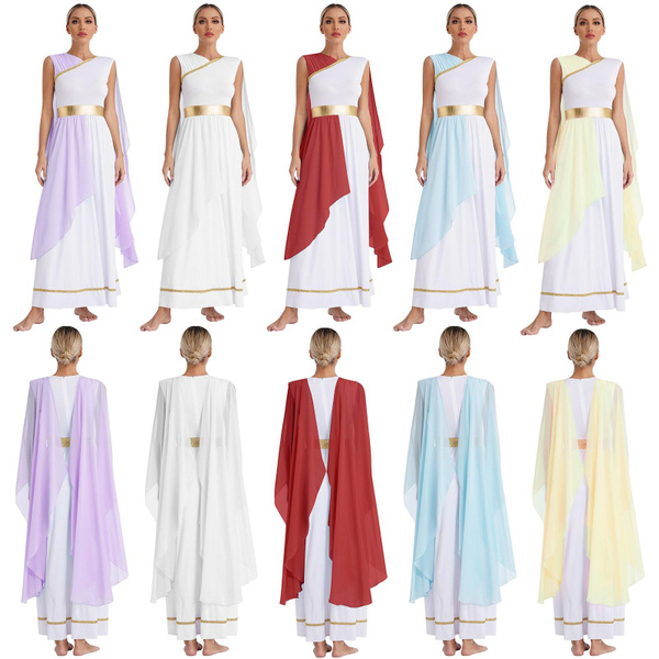 Womens Halloween Greek Deity Cosplay Costume Chiffon Gold Trims Ancient ...