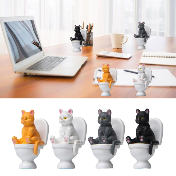 Mini Cat Statue Ornaments Resin Cat Sitting On Toilet Figurines ...
