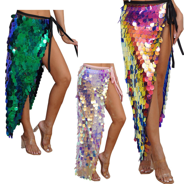 Sparkly Sequin Belly Dance Hip Skirt Masquerade Clubwear Women Long ...
