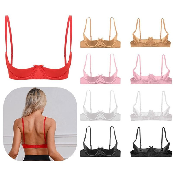 Women Satin Lingerie Underwire Half Cup Bow Push Up Bralette Shelf Bra Tops Corset Bustier ...