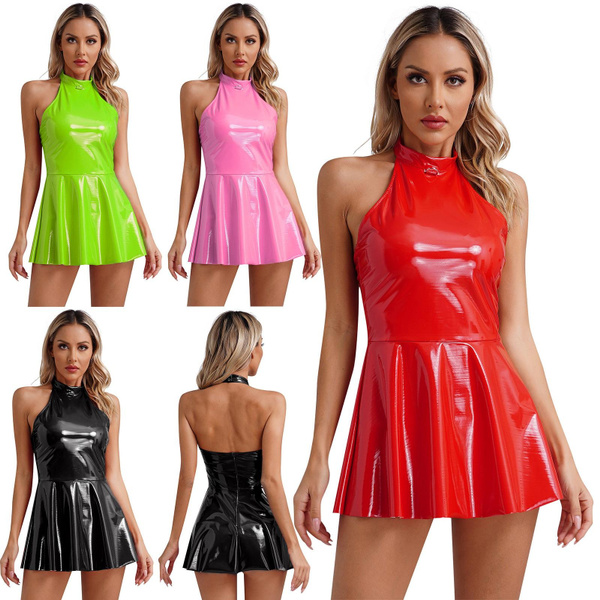 Women's Sexy Backless PVC Leather Pleated Dress Sleeveless Halter ...