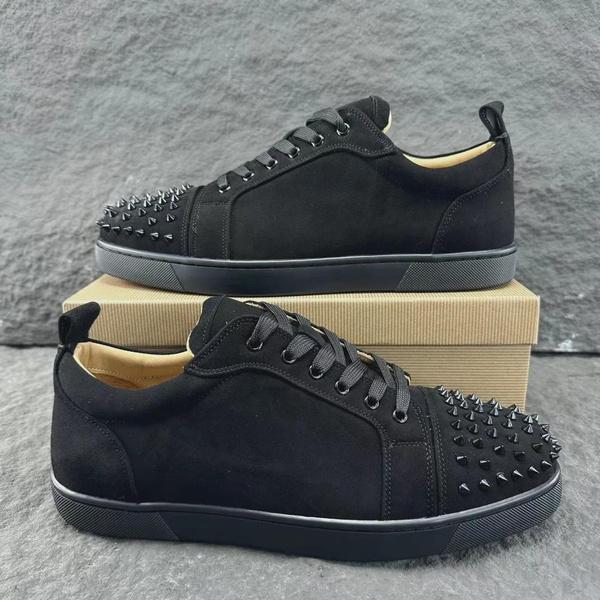 Luxury Brand Black Genuine Leather Red Bottoms Low Top Golden Rivets ...