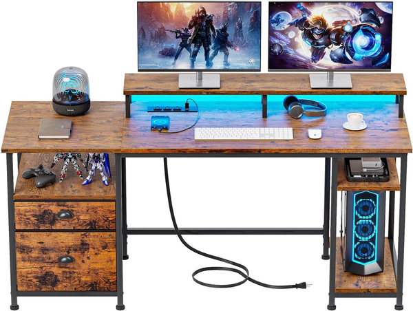 61" Computer Desk with Power Outlet and USB Ports, Large Desk with ...