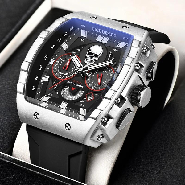 2024 LIGE Brand Watch Men Skeleton Skull Dial Sport Army Watches Mens Fashion Luxury Waterproof ...