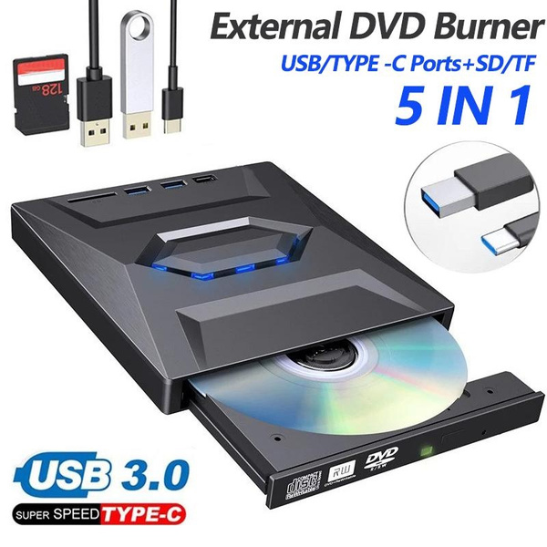 5 IN 1 DVD Burner USB 3.0 Type-C External Optical Drive DVD RW CD ...