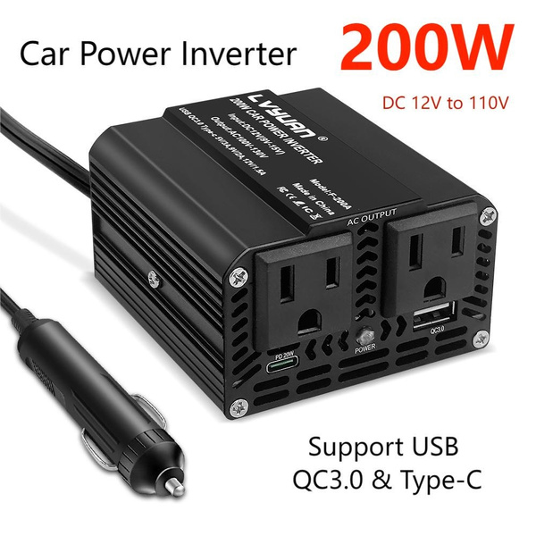 Portable 200W Car Power Inverter DC 12V to 110V-120V AC 2 US Sockets ...