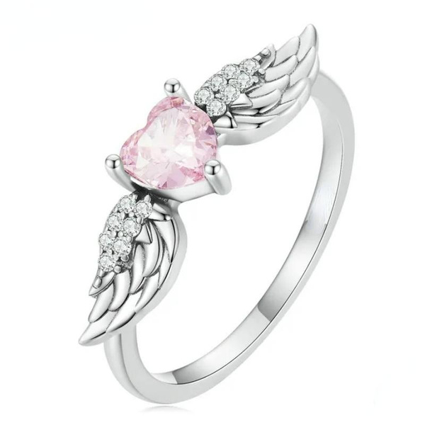 Delicate Women's Heart Cut Pink Sapphire Wing Rings Casual Party Rings ...