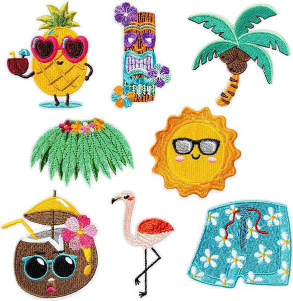 8 Pcs Hawaiian Embroidered Patches Applique Luau Tiki Flamingo ...