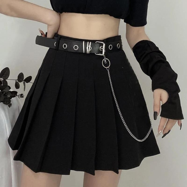 Punk Mini Skirt With Chain Belt Rock Girl Cheerleading Belted Pleated ...