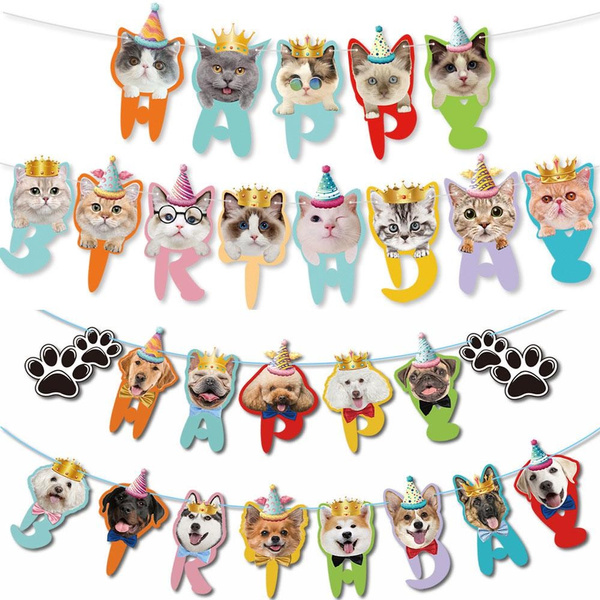 PET Theme Happy Birthday Banner Cake Topper Meow Birthday Party Flags ...