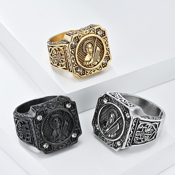 Religious Vintage Classic Cross Square Ring Inlay Cubic Zirconia Men's ...