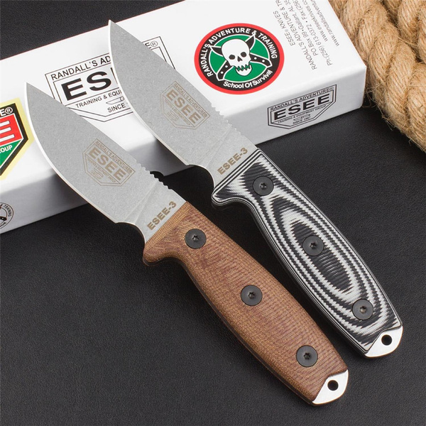 ESEE-3 Rowen 9Cr18Mov Edge Blade Black and White G10+ Brown Linen ...