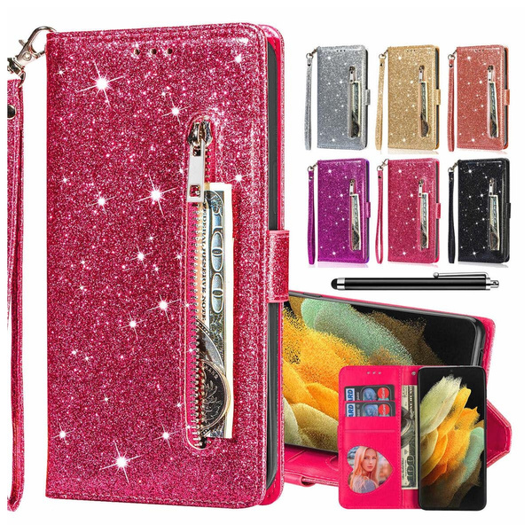 Zipper Wallet Flip Holder Glitter Phone Case For Samsung Galaxy S22 S22Plus S22Ultra S21FE S23 ...