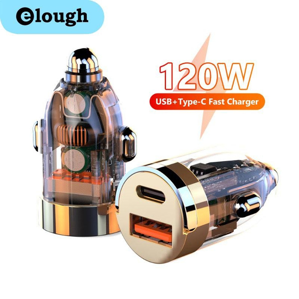 Elough 120W Transparent Invisible Pull Ring Car Charger USB Type C Fast ...