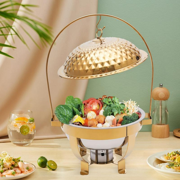 4.5L Round Stainless Steel Chafer Chafing Dish Buffet Set Gold Accent ...