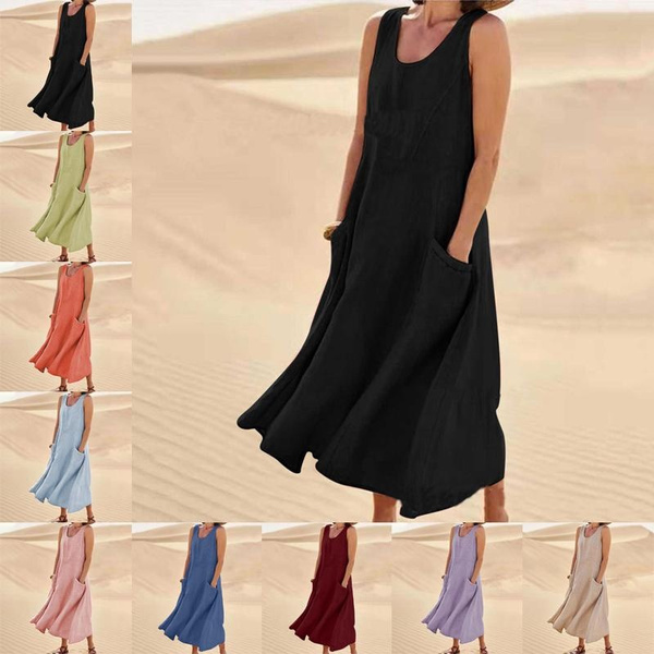 Summer Women's Fashion Solid Color Long Dresses with Pockets Casual ...