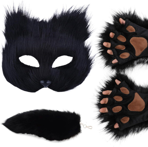 Half-Face Therian Cat Mask, Fake Wolf Fox Tails and Faux Therian Paws ...