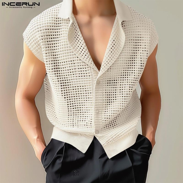 INCERUN Men Lapel Neck Sleeveless Fishnet Vest Button Down See Thru ...