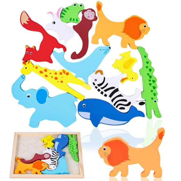 12PCS Wooden Stacking Puzzles, Animal Chunky Jigsaw Puzzles Educational ...