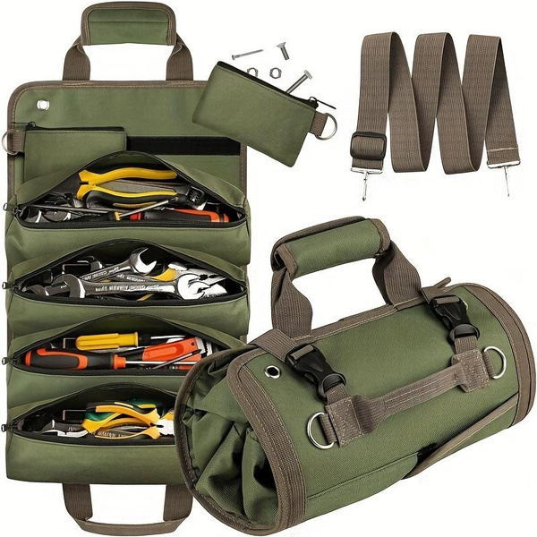 Heavy Duty Roll Up Tool Bag Organizer With 4 Tool Pouches And 2 ...
