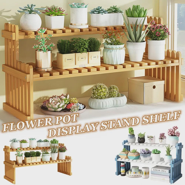 2 Tier Flower Pot Plant Display Stand, Natural Bamboo Plant Shelf ...