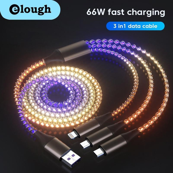 Elough 3in 1 USB LED Streaming Cable For IPhone Fast Charger Charging Cable Micro USB Phone Type ...