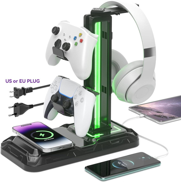 Headphone & Controller Stand with Wireless Phone Charging - Rotatable ...