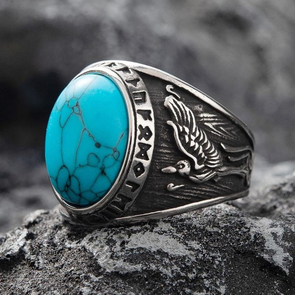 Norse Mythology Viking Crow Raven Wolf Ring with Nordic Elder Futhark ...