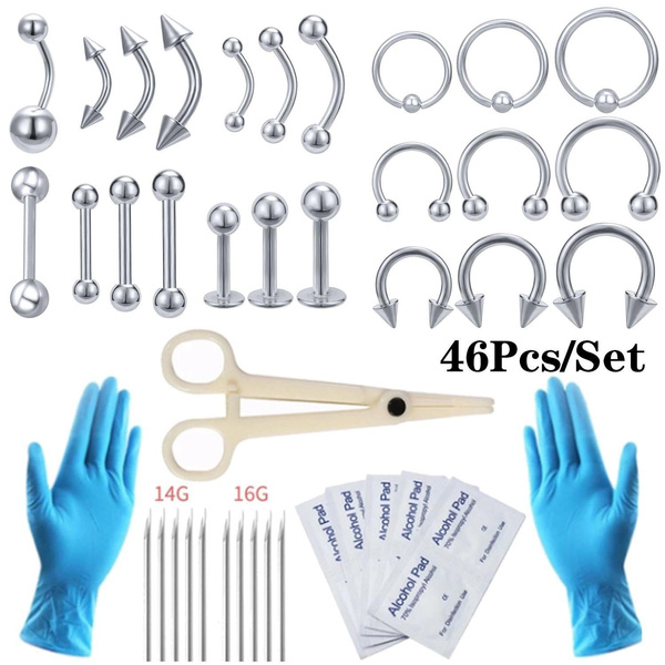 46Pcs/Set Stainless Steel Eyebrow Lip Belly Nose Piercing Body Piercing ...