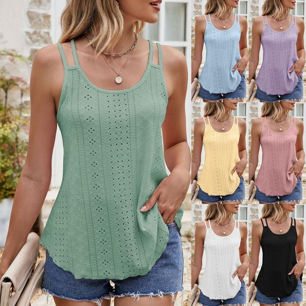 Women's Smmer Spaghetti Strap T-shirt Fashion Casual U Neck Sleeveless ...