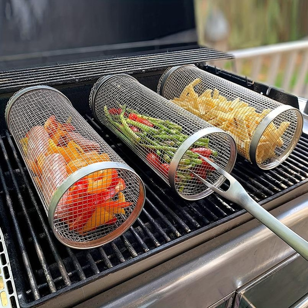 3-Piece stainless steel grill set, portable outdoor barbecue basket ...