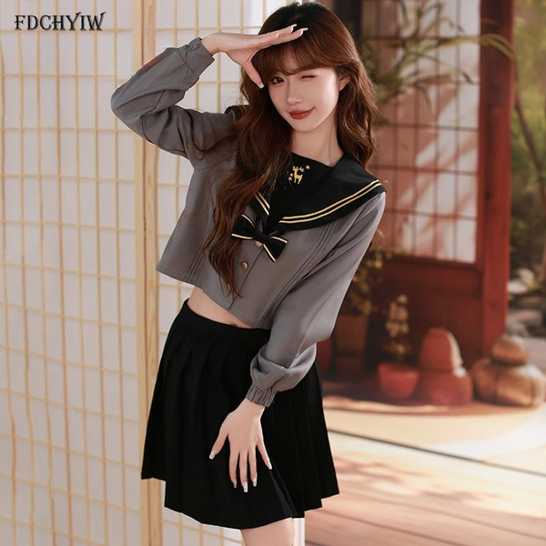 Japanese JK Uniform Cosplay Student Sailor Long Sleeve Pleated Skirt ...