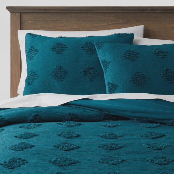 Open Box Twin/Twin Extra Long Tufted Diamond Crinkle Duvet Cover & Sham Set Dark Teal Blue ...