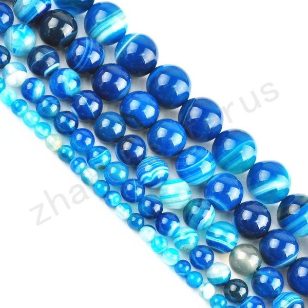 Blue Striped Agate Gemstone Round Loose Spacer Beads 16’‘ Strand 4 6 8 ...