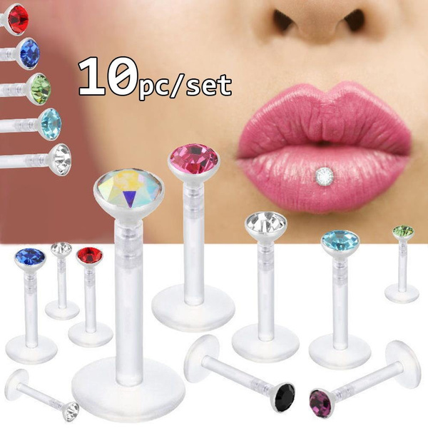 10pc/set Flexible Crystal Labret Stud Internal Threaded Lip Piercing ...