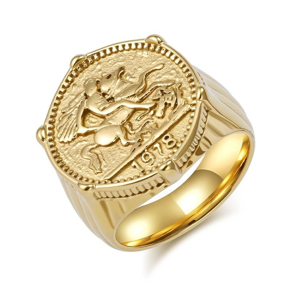 Saint George Slays the Dragon Knight Shield Round Signet Ring Men Punk ...