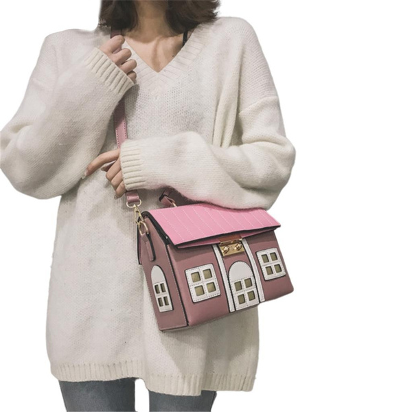 Women PU Leather Shoulder Bag Cartoon Handbag House Shaped Messengers ...