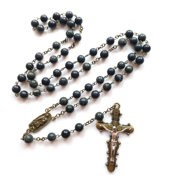 Catholic Rosary Necklace Natural Green Beads Prayer Cross Pendant Long ...