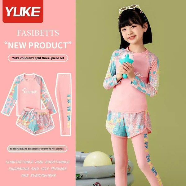 Girls’ Long Sleeve Sun Protection Swimsuit Set with Pants – Kids ...