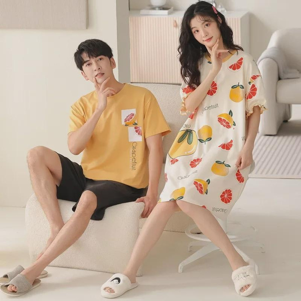 Cozy Cotton Couples Sleepwear Set: Short Sleeve Nightshirt & Shorts for ...