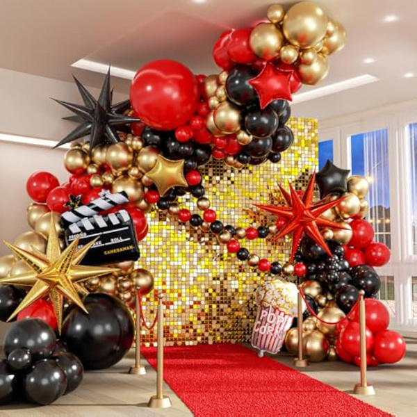 Movie Night Balloon Arch Garland Kit With Red Black And Gold Balloons ...