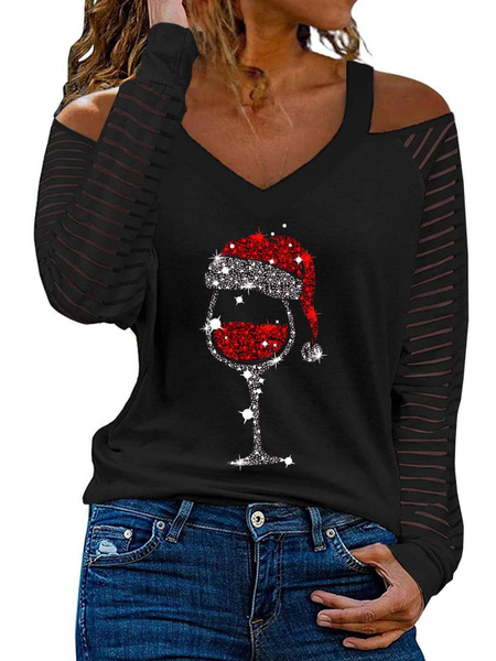 Off-Shoulder Christmas Party Dress with Letter Print, V-Neck & Sheer ...