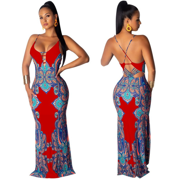 Bohemian Print Sleeveless Maxi Dress with Slit | Flowy Bodycon Evening ...